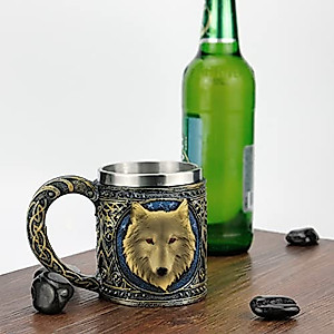 EZESO Stainless Steel Wolf Mug, Resin 3D Wolf Coffee Cup Stainless Steel Travel Tea Wine Beer Mugs (Wolf Mug)