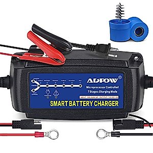 ADPOW 5A 12V Automatic Smart Battery Charger Automotive Maintainer 7-Stages Trickle Charger for Deep Cycle Battery Car Marine Trolling Motor Boat Truck Lawn Mower RV AGM with Terminal Cleaning Brush