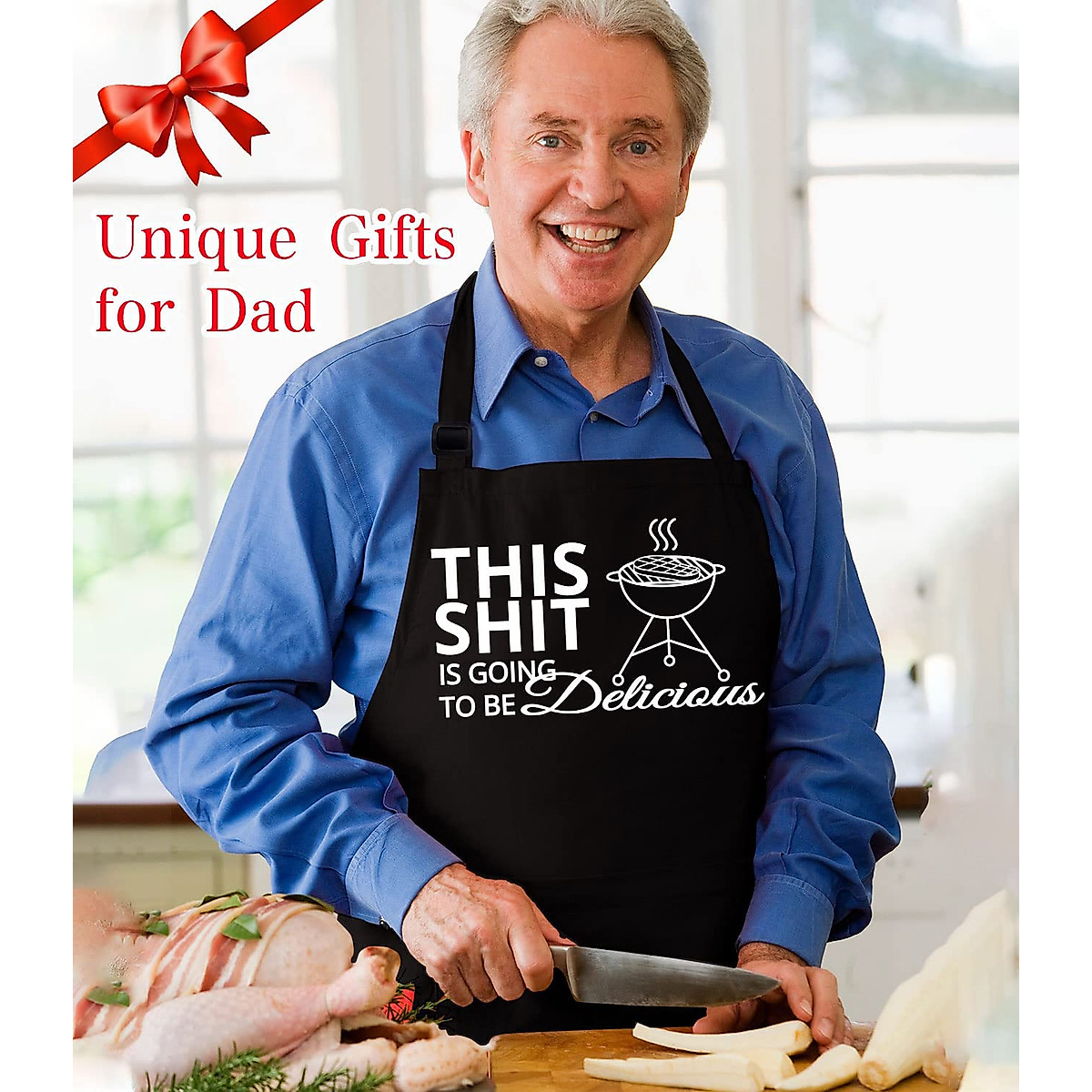 KITCHEPOOL Funny Apron for Men, Chef Aprons for Women with 3 Pockets - Mens Gifts For Christmas - Adjustable Bid Kitchen Aprons for Chef, Cooking Apron for BBQ, Baking