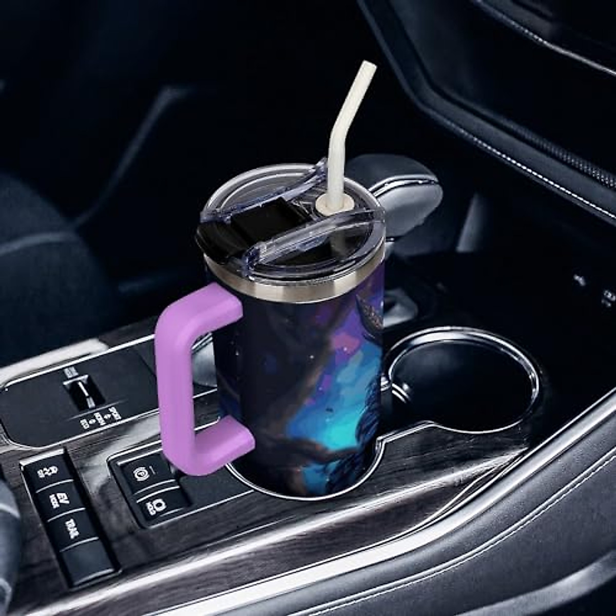 LLUTSNTH 40 Oz Vacuum Tumbler with Violet Handle Leakproof Insulated Tumbler Blue Owl Stainless Steel Travel Mug with Lid And Straw Coffee Cup Cute Water Bottles Cup Holder Friendly