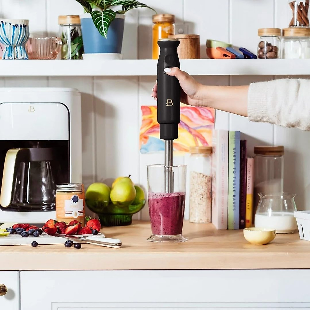 The Beautiful 2-Speed Immersion Blender with Chopper & Measuring Cup, Black Sesame by Drew Barrymore