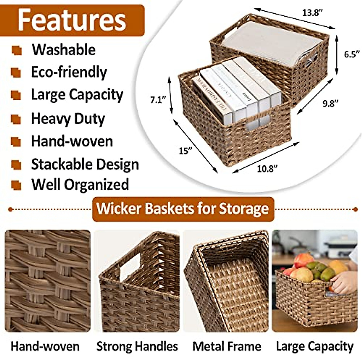 ROSOS Wicker Baskets 4 Pack, Waterproof Wicker Storage Basket with Handles, Washable Large Wicker Baskets for Storage