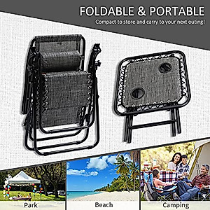 Outsunny Zero Gravity Chairs Set of 2 with Folding Table & Cup Holder Trays, Reclining Chaise Lounge Pool, Camping & Patio Chairs, Pillows, Gray