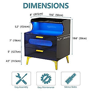 dnbss LED Nightstand with Wireless Charging Station, Modern Nightstand with LED Lights, 3 Color Dimmable Auto Sensor, Smart Bedside Table with 2 Drawers and Open Shelf, Gloss Black