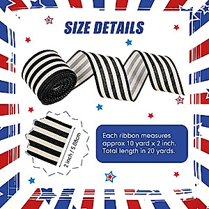 2 Rolls 20 Yard Black and White Stripes Wired Edge Ribbon Rustic Ivory Ribbon Boho Ribbon for DIY Crafts Home Decor Gift Wrapping Bow Wreath Making Christmas Wedding Party Decorations (2 Inch)