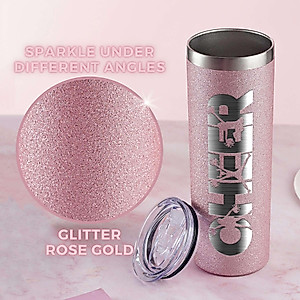 Onebttl Cheerleader Glitter Tumbler Gifts For Girls - Cheer - 20oz/590ml Stainless Steel Insulated Tumbler with Straw, Lid - Gift for Cheerleading, Coach or Cheer Squad - (Rose gold)