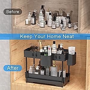 4 Pack 2-Tier Under Sink Organizer with Sliding Storage Drawer, Multi-Purpose Under Sliding Cabinet Shelf Basket Collection Organizer Drawer for Bathroom Kitchen with Hanging 8 Cup and 16 Hooks