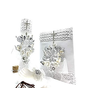 Baptism Candle Set with Flowers and Crystal Decoration