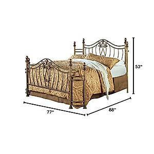 Benjara Metal Queen Headboard and Footboard with Swirling Floral Motifs, Antique Gold