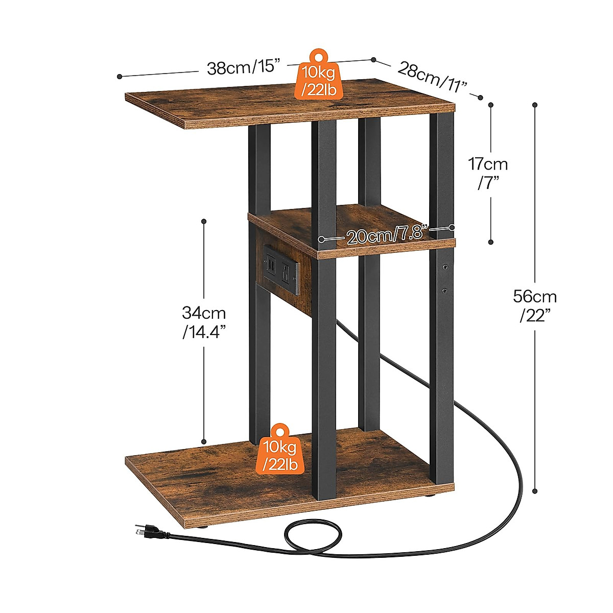 HOOBRO C Shaped End Table Set of 2 with Charging Station, Side Table with 2 USB Ports and Outlets, TV Tray Table, Couch Table for Small Spaces, Living Room, Bedroom, Rustic Brown and Black BF62USFP201