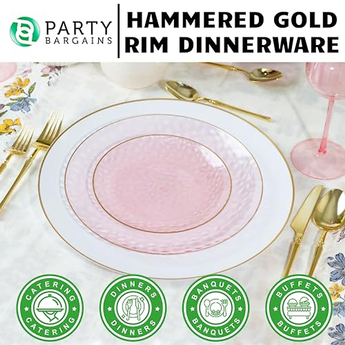 PARTY BARGAINS 7" & 10" Organic Collection Hammered Salad and Dinner Plates Combo with Gold Rim – Transparent Pink, 32-Pack Disposable Plastic Tableware for Birthdays, Banquets, and Formal Events