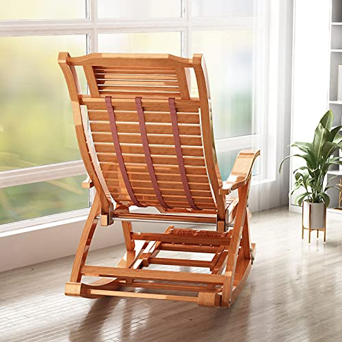 Lounge Chair, Rocking Chairs for Adults Wood Extra Large Stable Ergonomic Garden Deck Chairs Foldable Recliner Load-Bearing 200kg Bamboo Sun Loungers