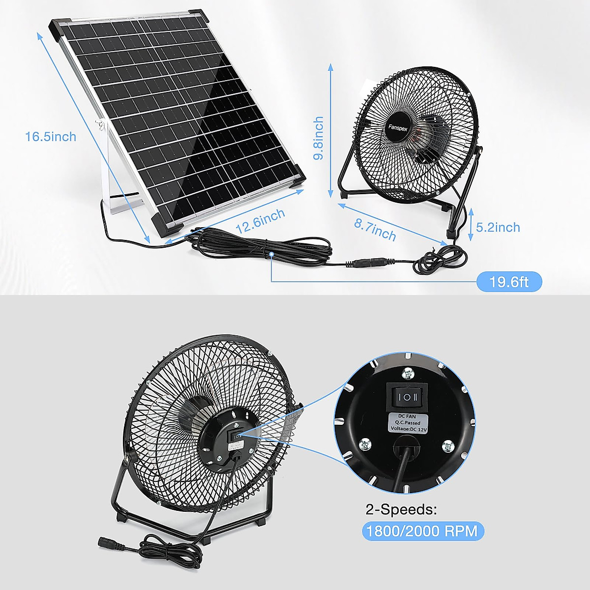 Fanspex 8" Solar Fan, 20W Solar Panel Powered Fan Kit for Outdoor Cooling 7/24 Use, High Velocity Portable Floor Fan for Outside Chicken Coop, Small Greenhouse, Dog House, 2-Speeds, 40dB Low Noise
