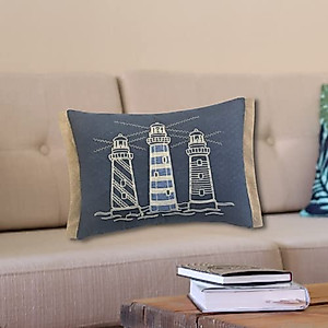 Comfy Hour 13" Polyester Ocean Coastal Three Lighthouses Accent Throw Pillow Cushion for Home Decoration, Blue, Ocean Voyage Collection