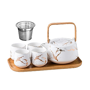 Jusalpha Marble Porcelain Teapot Set, Modern Japanese Tea Pot with Infuser for Loose Tea (40 OZ), 4-Piece Tea Cups (6.7 OZ) with Bamboo Tray - Tea Cups Set for Home and Restaurant, FDJPT4 (White)