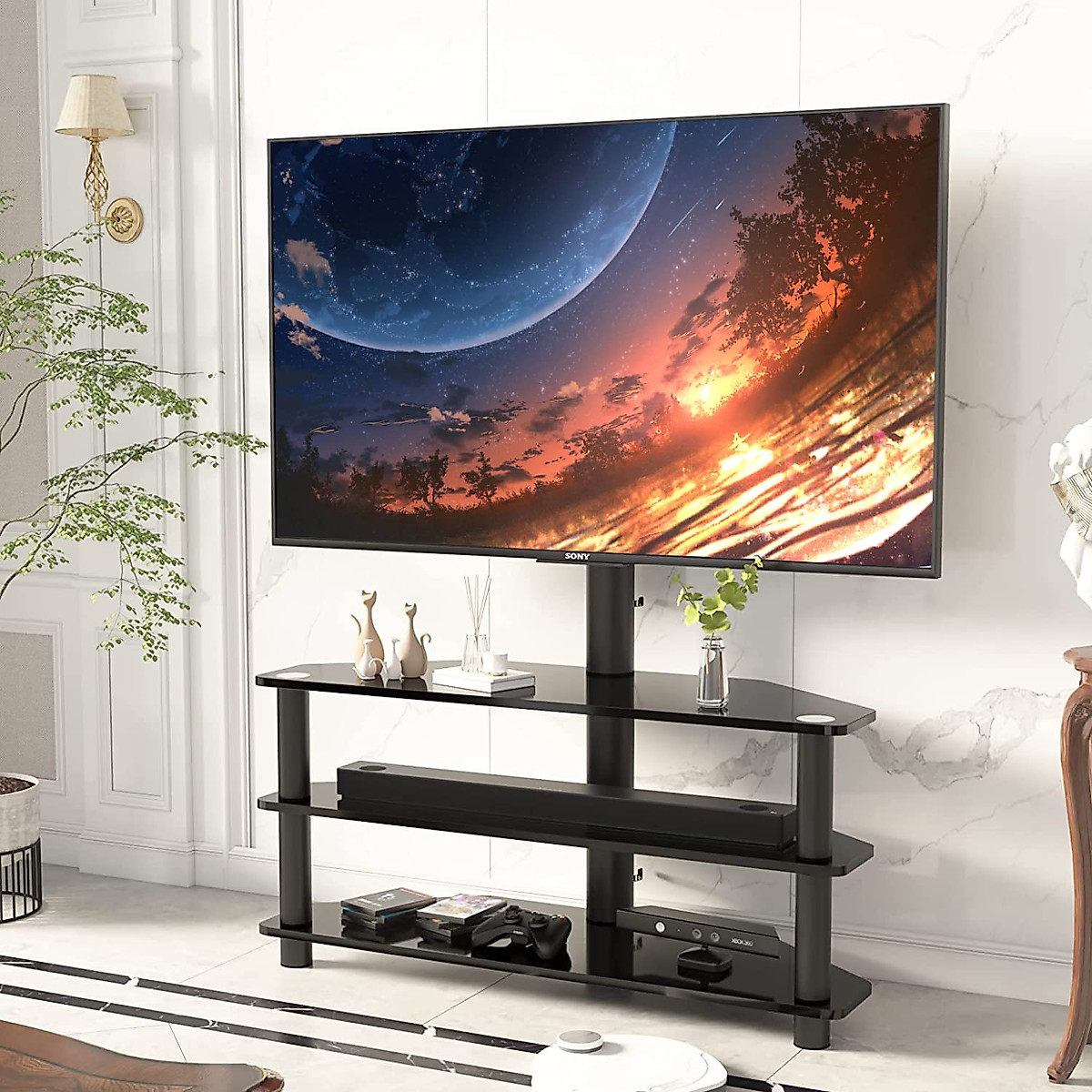 Swivel Corner Floor TV Stand with Mount for 32 37 43 47 50 55 60 65 inch Flat Curved Screen TVs, Adjustable 3-Tier Tempered Glass Storage Television Stand with Cable Management, Max VESA 600X400mm