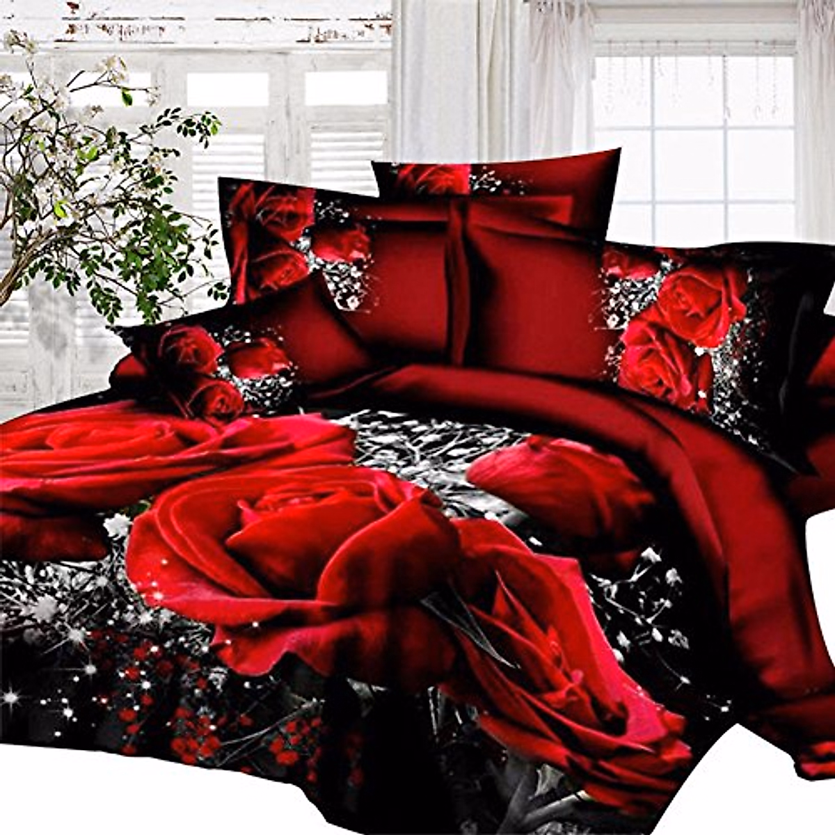 Longji 3D Oil Painting red Rose Bedding Set Queen King Size Comforter Bag Duvet Cover Set (Size : Queen 4pcs Duvet Cover 200x230cm)