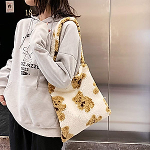 Plush Bear Bags For Women, Girls Tote Fluffy Plush Shoulder Bags Faux Fur Clutch Purses (White)