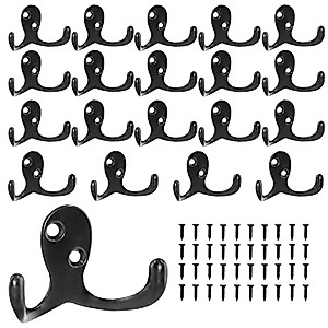 Waziaqoc 20PCS Farmhouse Wall Mounted Coat Hooks, Decorative Heavy Duty Double-Hook Wall Hooks with Screws for Coats Bags Hats Towels - Black