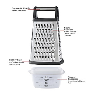 Cheese Grater, Little Cook Stainless Steel 4-Sided Box Grater, Detachable 3 Cup Storage Container and Measurement Markings Graters With Handle for Kitchen, Dishwasher Safe (Black)