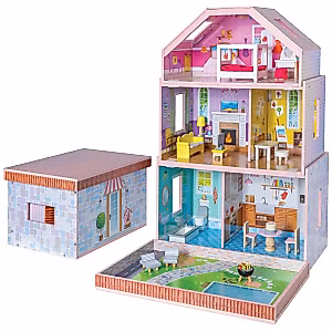 Milliard Nesting Dollhouse, Stack Mode (33x21x11.5in) & Store Mode (22x14x12in), Wooden Kids Dollhouse, 20 Bonus Furniture Pieces Included, Unique Design Patent Pending