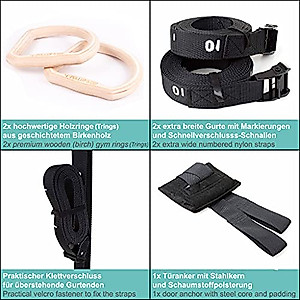 PULLUP & DIP Premium Gymnastic Rings, Wooden Gym Rings for Calisthenics - Wide Straps with Length Markings + Door Anchor + Carry Bag + Exercise Guide, Calisthenics Rings (Trings Set)