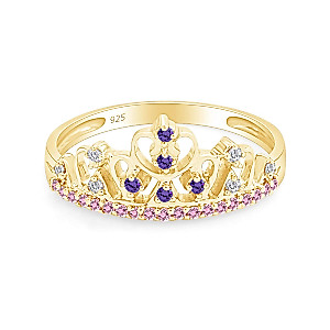 AFFY Round Cut Simulated Multi Stone Rapunzel Princess Style Engagement Wedding Crown Ring in 14k Yellow Gold Over Sterling Silver with Ring Size 7