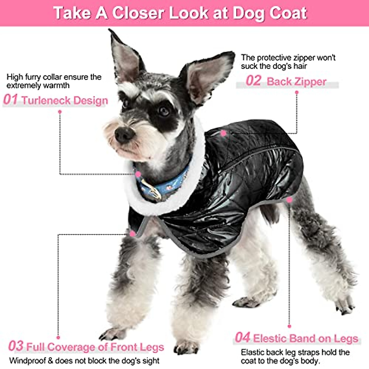 SUNFURA Warm Dog Coat, Waterproof Dog Winter Jacket for Small Medium Large Dogs, Turtleneck Dog Snow Jacket Reflective Dog Coats with Harness, Padded Dog Snowsuit for Cold Weather, Black S