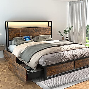 Gitua Bed Frame with Storage Drawers Queen Size - Led Lights and Charging Station Metal Bed Frame with Headboard, No Box Spring Platform Bed Frame Wood, Vintage Brown