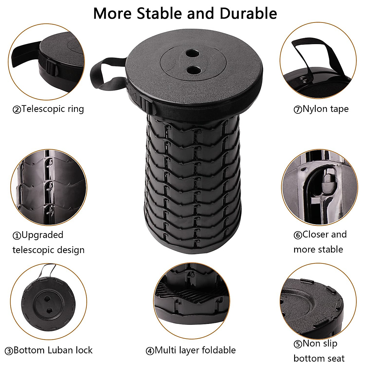 Upgraded Telescoping Stool Collapsible Stool with Seat Cushion & Bag, Retractable Folding Camping Stool for Adults Max Load 500lb More Sturdy Lightweight for Fishing Hiking Gardening (Black-s)