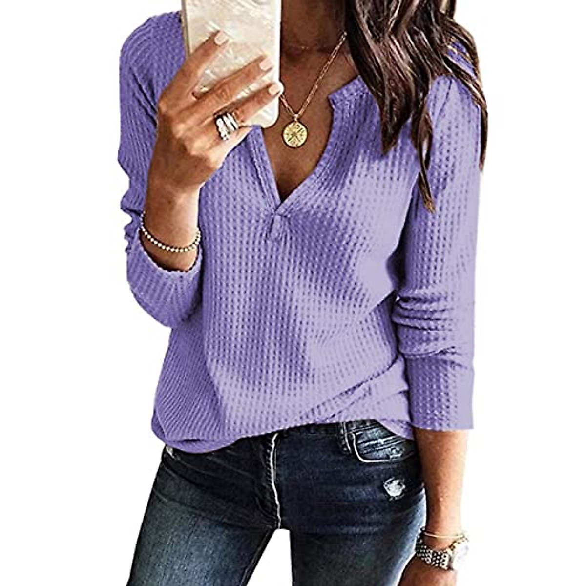Famulily Womens V Neck Shirts Long Sleeve Waffle Knit Loose Fitting Warm Tops Pullover Sweaters Purple L