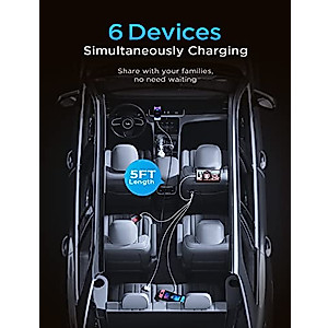 AINOPE 90W USB C Car Charger 6-Port, Super Fast USB Car Charger Fast Charging, PD 30W & QC3.0 Cigarette Lighter Car USB Charger Multi Port with 5FT Cable for iPhone 14/iPad Pro/Samsung S23 Ultra