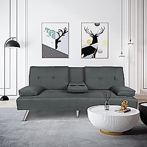 FULife Tufted Upholstered Futon Sofa Convertible Sleeper Couch Bed Daybed Loveseat,Folding Recliner with 2 Cup Holders,Removable Soft Pillow-Top Armrest,3 Angles for Living Room Small Place
