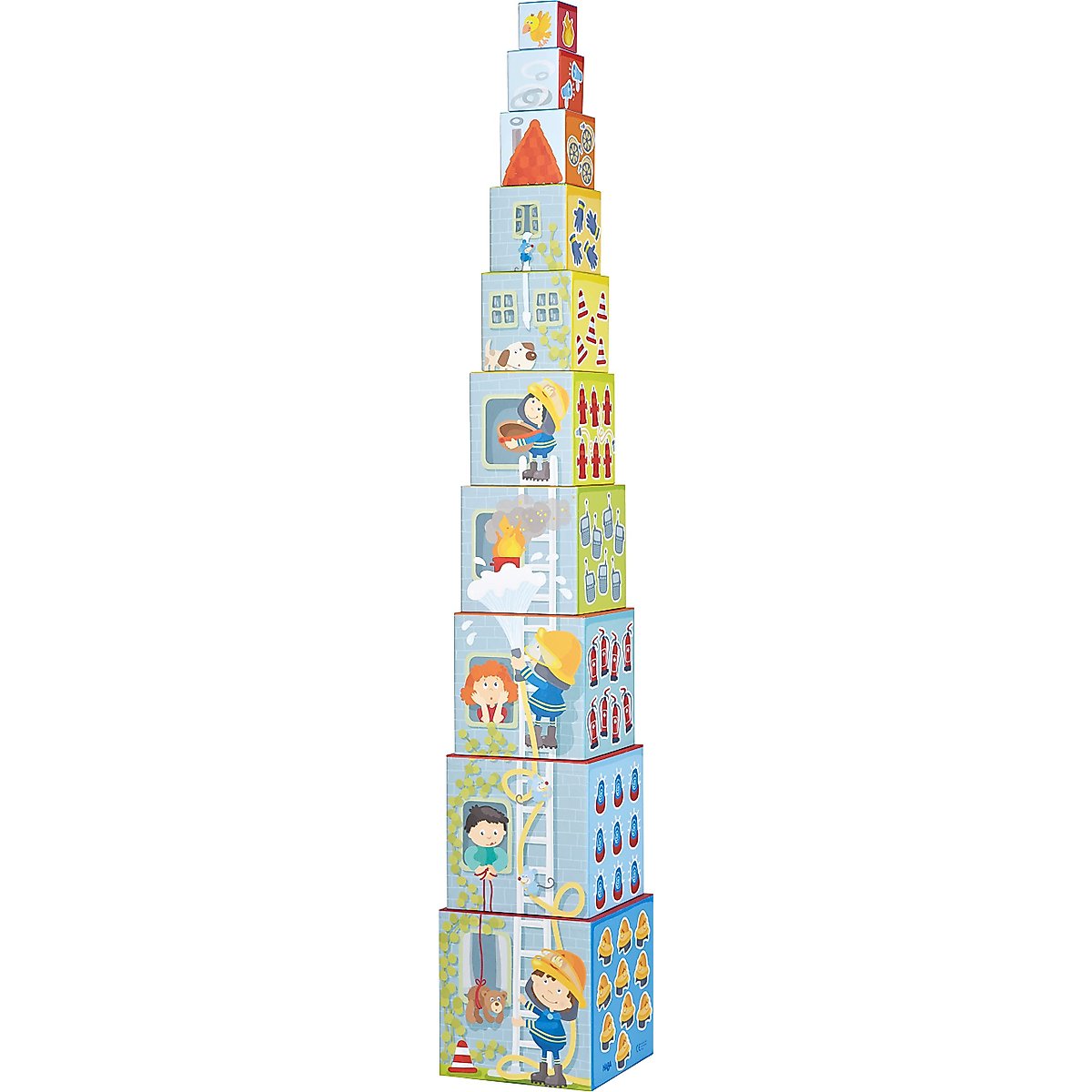 HABA Fire Brigade Sturdy Cardboard Nesting & Stacking Cubes - Reinforcing Numbers 1-10 with Rescue Themes on Each Side