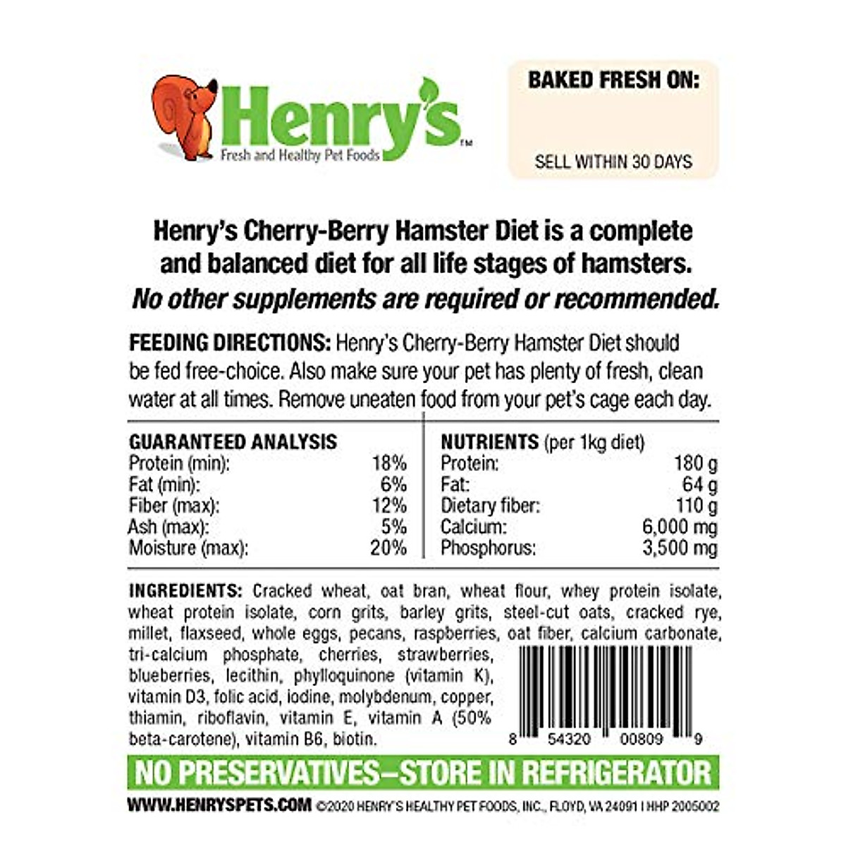 Henry's Cherry Berry Hamster Food - The Only All Natural Baked Fresh to Order, 8 Ounces