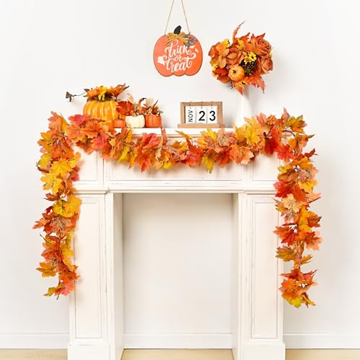 Dolicer 2 Packs 12Ft Fall Garland Maple Leaf, Fall Foliage Garland, Artificial Fall Hanging Garland Vine with Special Pumpkin Sign for Thanksgiving Door Fireplace Party Home Decor