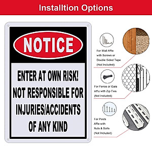 Notice Enter at Own Risk Sign 2-Pack, Not Responsible for Accidents or Injuries Sign, Caution Safety Signs, 10"x 7" - .040 Aluminum Reflective Sign UV Protected and Weatherproof