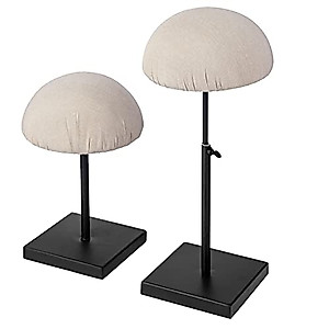 MyGift Adjustable 17.5 Inch Hat Rack Stand with Fabric Covered Dome, Tabletop Black Metal Hat, Wig, Veil and Head Accessories Display Holder, Adjust 11.5 to 17.5 Inch Height, Set of 2