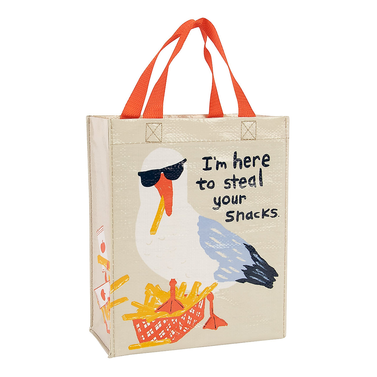 Blue Q Handy Tote - I'm Here to Steal Your Snacks. Reusable lunch bag, little tote, gift bag, sturdy and easy-to-wipe-clean, made from 95% recycled material, 10" h x 8.5" w x 4.5" d