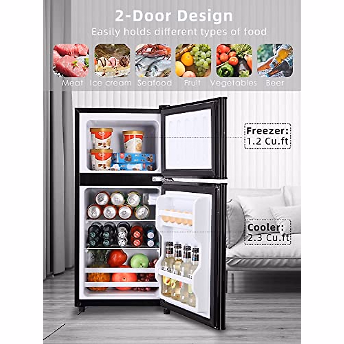 KRIB BLING Refrigerator with Freezer 3.5 Cu.Ft with 7 Level Adjustable Thermostat Control 2 Door Energy Saving Top-Freezer Compact Refrigerator Black
