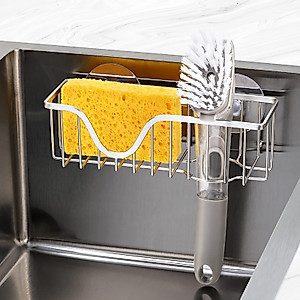 Sponge Holder for Kitchen Sink with Adhesive Hook & Suction Cups - 2 IN 1 Sink Caddy for Sponges, Dish Brush, Scrubbers, Soap - 304 Stainless Steel Kitchen Bathroom Organizer Accessories - Polished