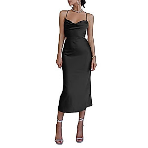 LYANER Women's Satin Cowl Neck Straps Slip Sexy Cut Out Cocktail Midi Dress Black Small