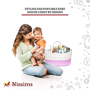 Baby Diaper Caddy Organizer Basket for Changing Table - Large Compact and Portable Woven Cotton Rope and Canvas Nursery Basket with 3 Divisions - Unisex Stylish GrayWhite - 14x8.5x7 Inches