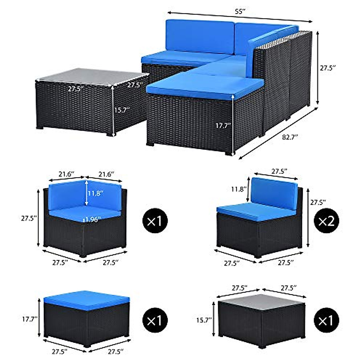 JIVOIT 5-Piece Outdoor Patio Furniture Set, Rattan PE Wicker Corner Sofa Set, Sectional Sofa Set with 1 Corner Sofa, 2 Sofa Chairs, 1 Ottoman and 1 Glass Coffee Table (Black Wicker+ Blue Cushion 003)