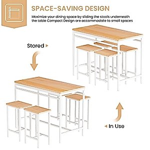 Recaceik Dining Table Set for 4 Kitchen Table and Chairs Set of 4, 5 Pieces Bar Table Set with 4 Stools Counter Height Dining Room Table with Metal Legs for Dinette Breakfast Nook, 47'' Walnut