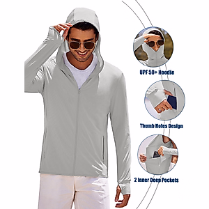 COOFANDY Men's Hoodie Long Sleeve Zip Front Shirts SPF UV Thumbholes Comfortable Jacket with Zipper Pockets Light Gray