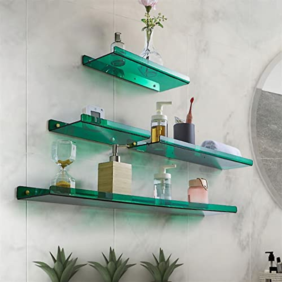 4 Pack Acrylic Floating Shelves, Wall Mounted Invisible Bathroom Shower Shel, for Home, Bedroom, Bathroom, Kitchen Storage(4Pcs, Green)