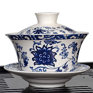 vv8oo Gaiwan 6.8oz/10oz Gongfu Tea Jingdezhen Ceramic Tureen Teacup Sancai Golden Lotus Saucer Set (10oz/300cc)