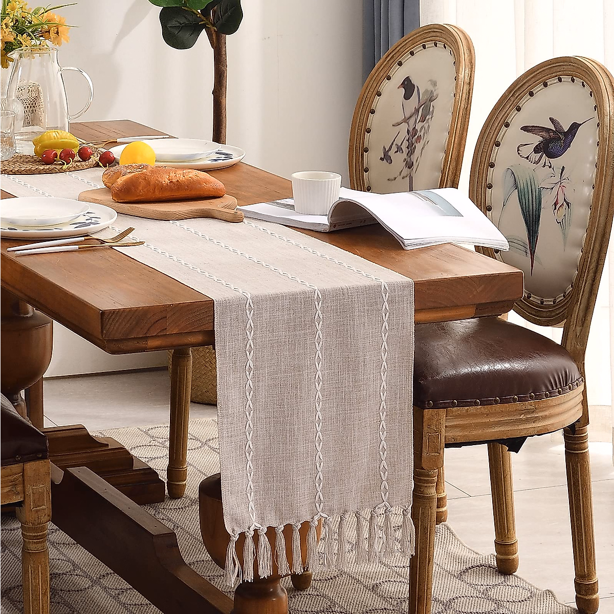 Wracra Rustic Linen Table Runner Farmhouse Style Table Runners 72 inches Long Embroidered Fall Table Runner with Hand-Tassels for Party, Dresser and Dining Room Decorations(Light Coffee, 13"×72")