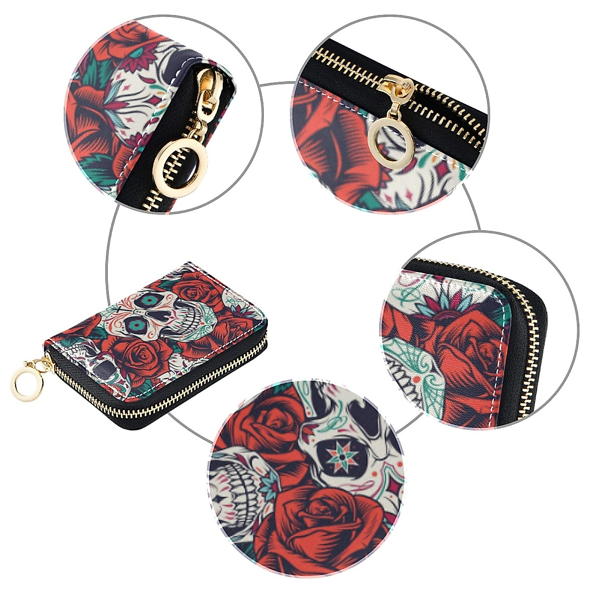 MOYYO RFID Credit Card Holder Case Vintage Sugar Skull Red Rose Leather Printed Zipper Card Case Wallet for Women Girls